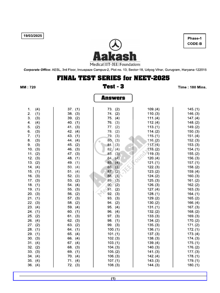 FTS 3 CODE B Viju PHASE 1 ANS @CET - JEE - NEET | PDF