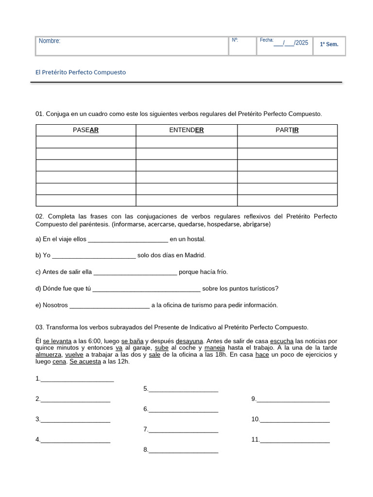 Ficha Pretérito Compuesto | PDF