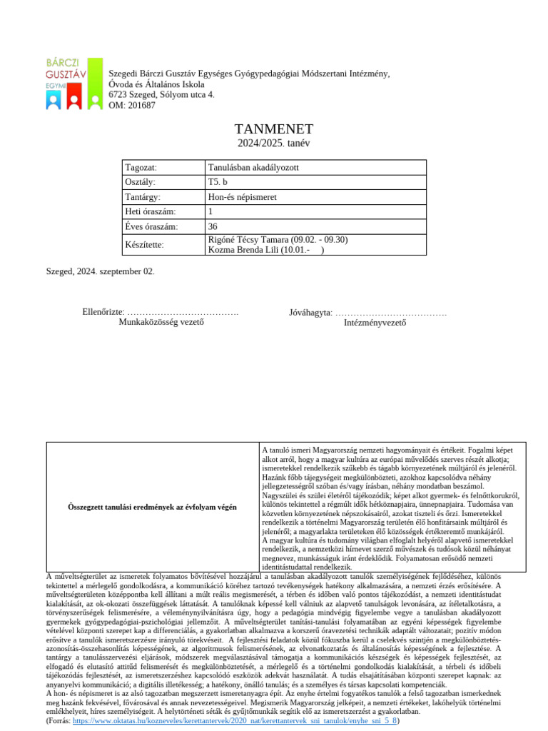 Kozma Brenda_Hon és népismeret_ tanmenet 5_ | PDF
