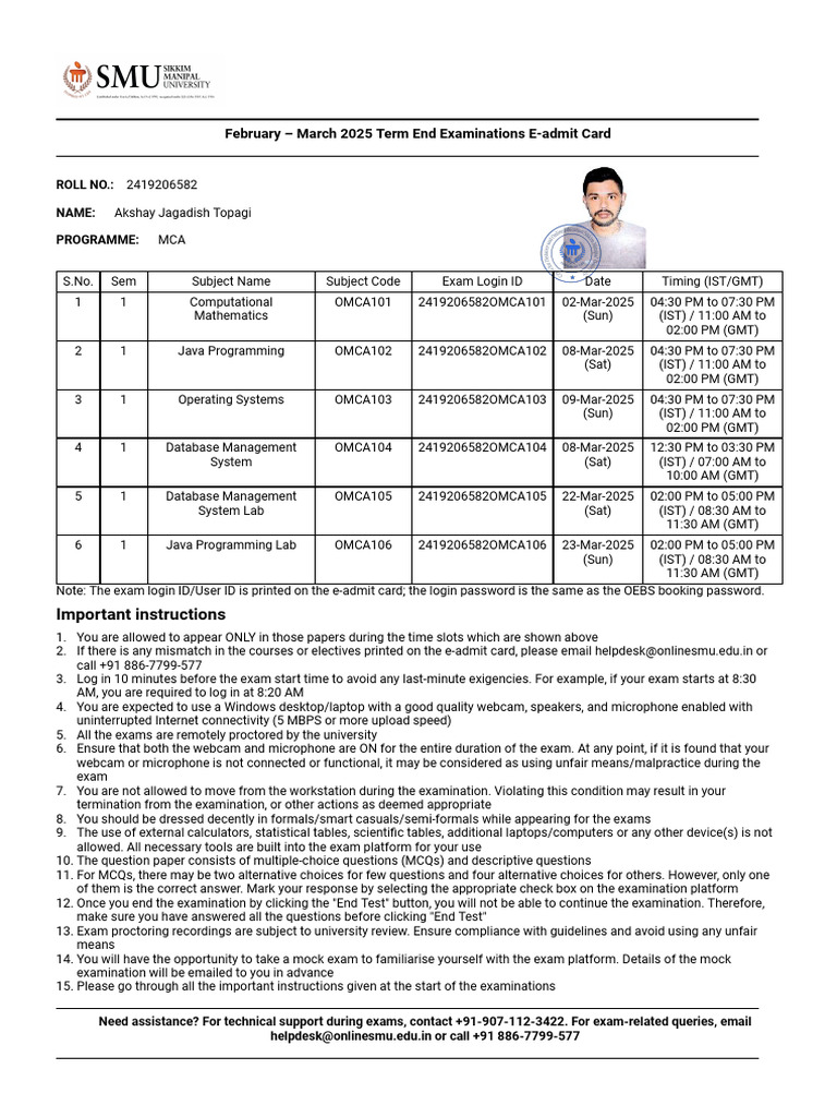 MCA Term End Exam E-Admit Card 2025 | PDF | Multiple Choice | Computing
