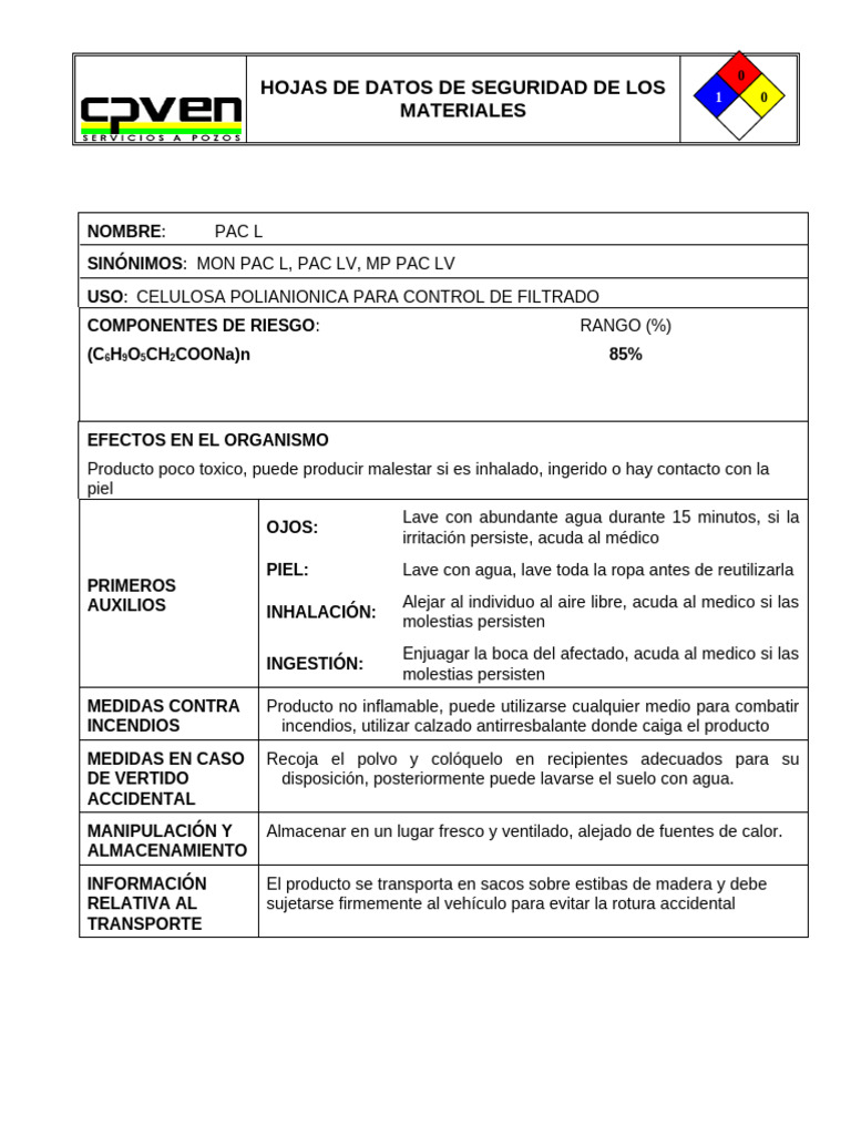 Pac L MSDS | PDF | Agua
