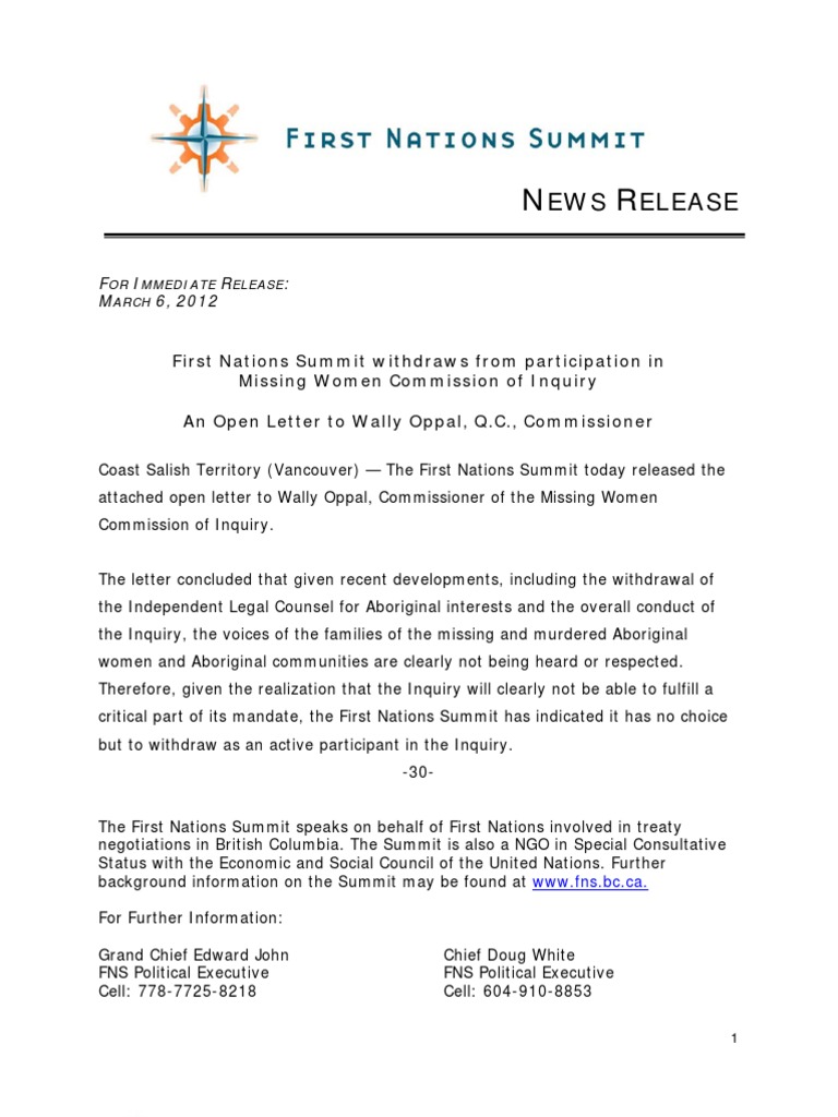 PDF: Open letter to Wally Oppal from the First Nations Summit | First ...