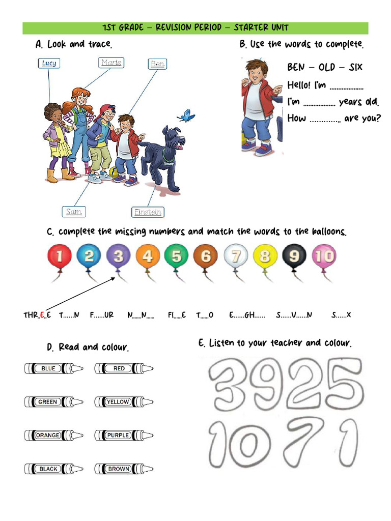 Starter Unit Revision - 1st Grade | PDF