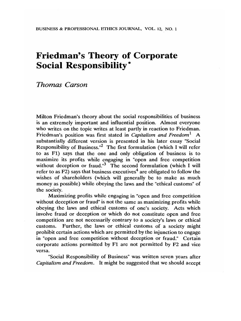 THOMAS CARSON - Friedman s Theory of Corporate Social Responsibility ...