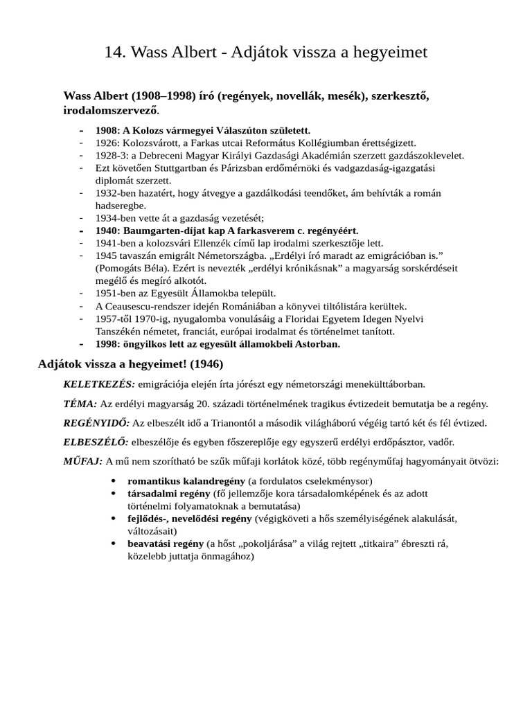 Wass Albert - Adjátok Vissza A Hegyeimet | PDF