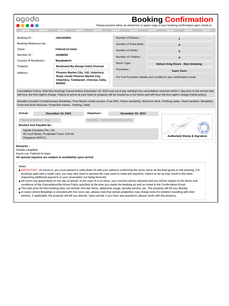 Agoda Booking Confirmation for Fahmid | PDF | Credit Card