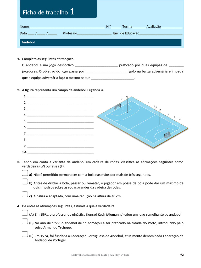 FairPlay - 3ciclo - 2.4 - Andebol - Ficha de Trabalho1 | PDF