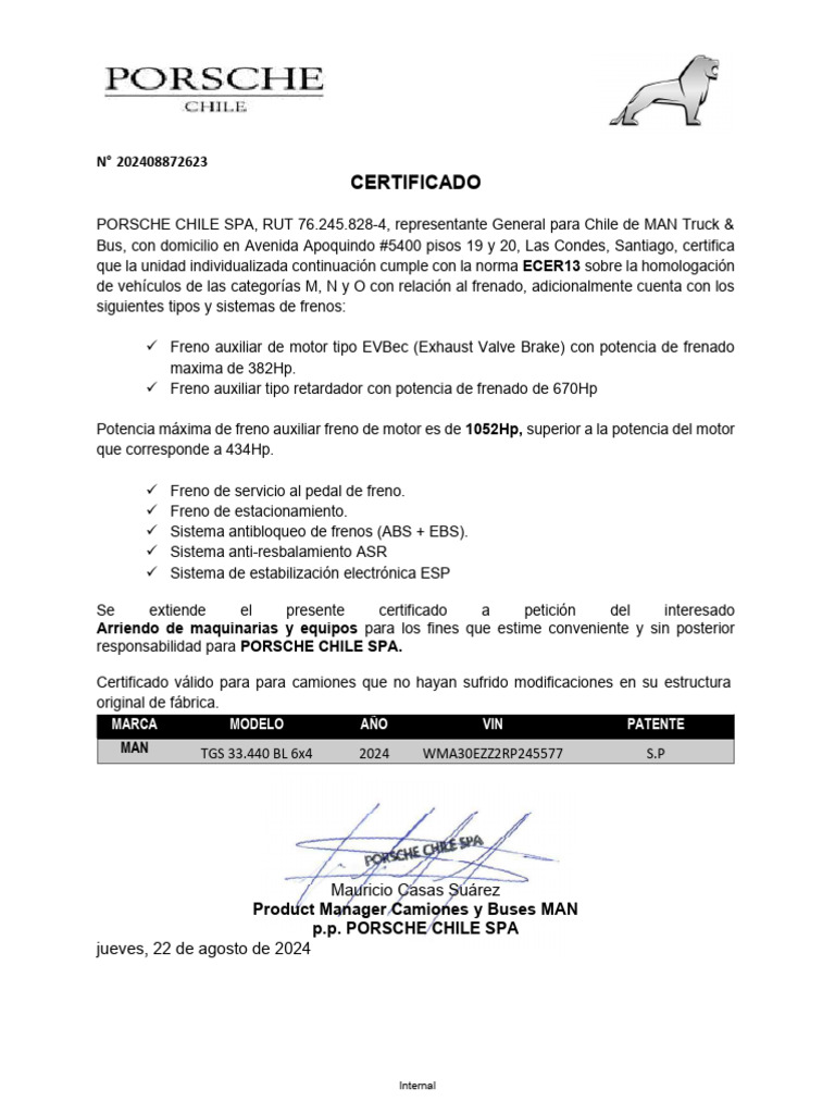 Certificado Frenos TPVW 58 | PDF