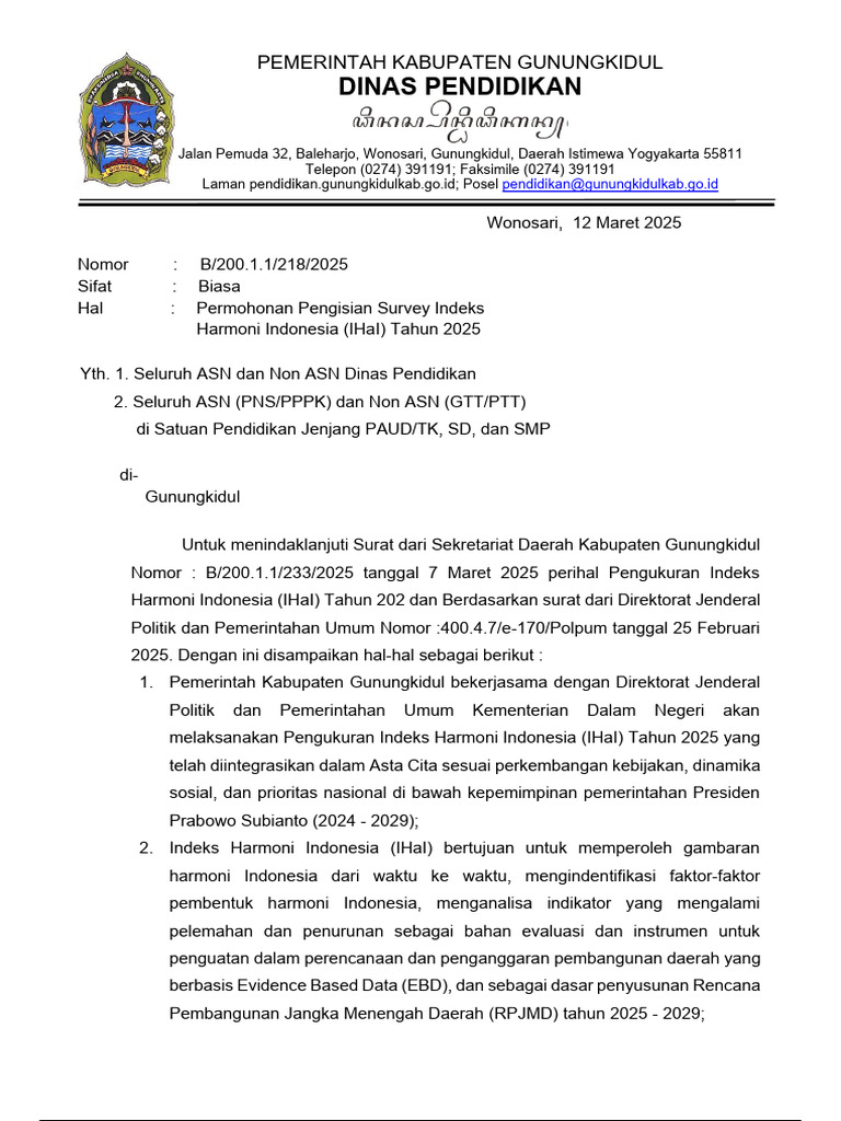 Permohonan Survey Indeks Harmoni 2025 | PDF