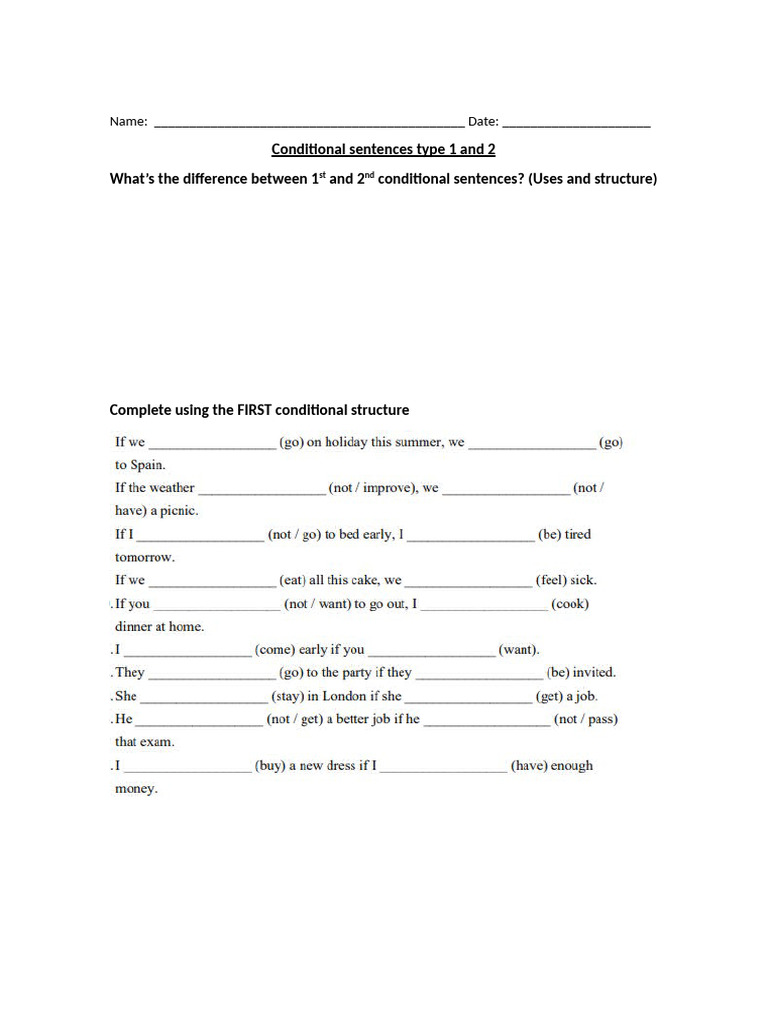 1 and 2 conditionals test | PDF