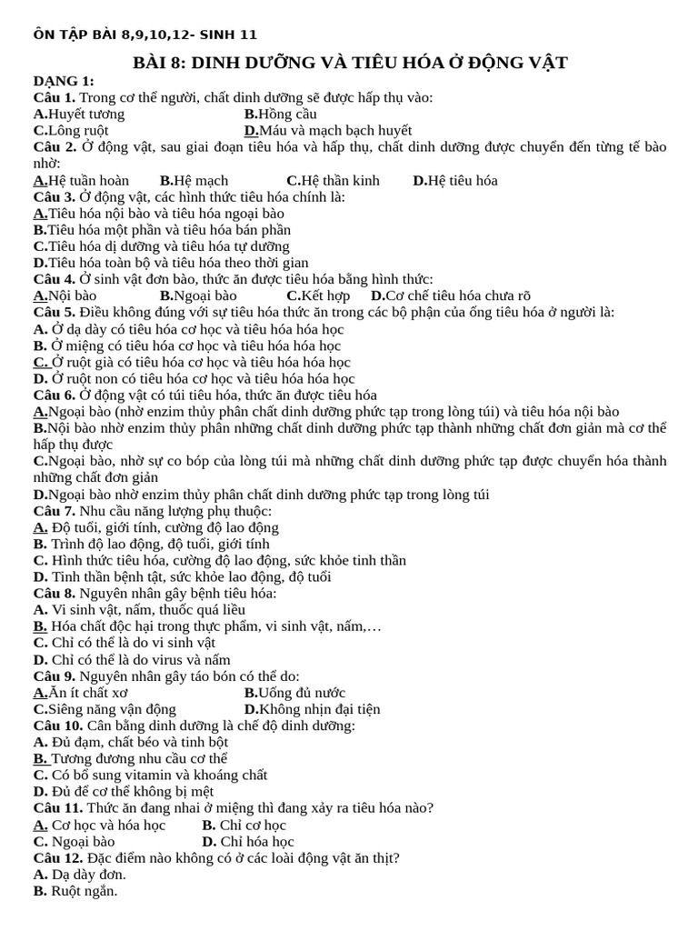 ÔN TẬP Bài 8,9,10, 12 SINH 11 (GV) | PDF