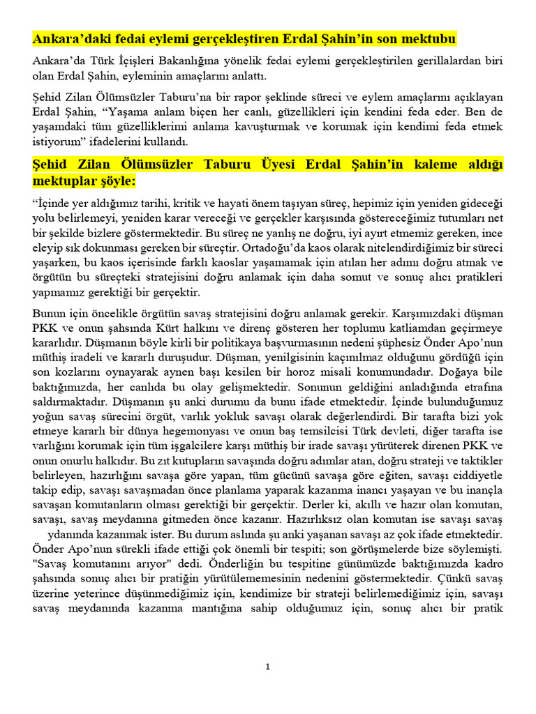 Erdal Şahîn Nameya Fedaî Tirkî | PDF