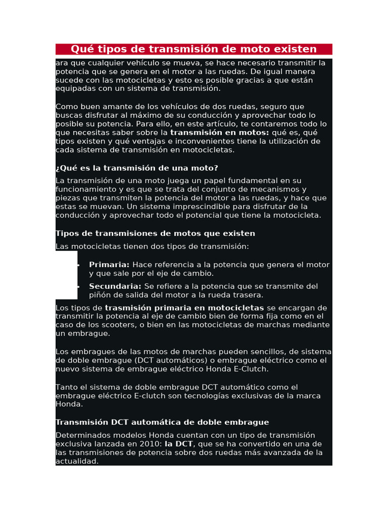 Tipos de transmisión en motocicletas | PDF | Motocicleta | Embrague