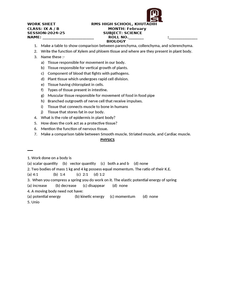 STD 9 SCIENCE Worksheet February | PDF | Tissue (Biology) | Atoms