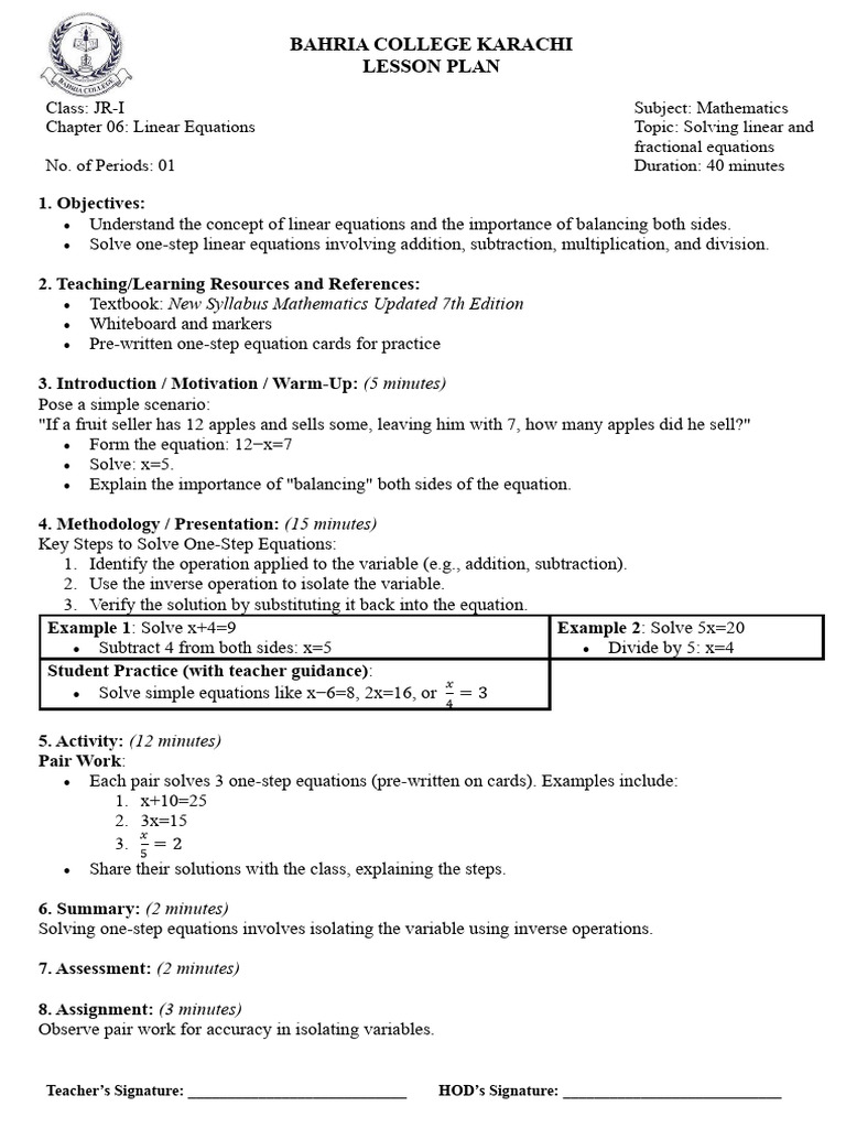 6A Linear Equations Lesson Plan | PDF | Multiplication | Equations
