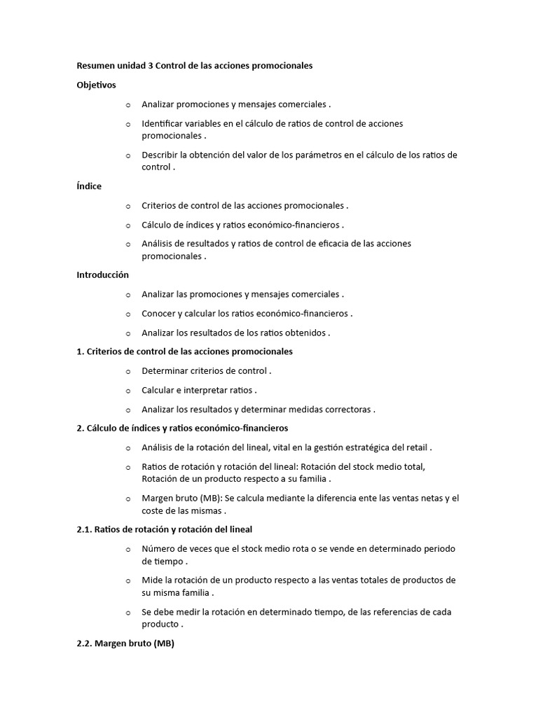 Resumen Unidad 3 Control de Las Acciones Promocionales | PDF | Margen ...