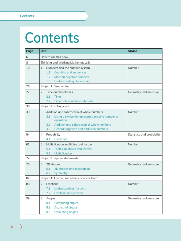 Cambridge Primary Math 4 Contents | PDF | Numbers | Statistics