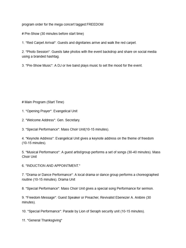 Mega Concert Program: Freedom Event | PDF