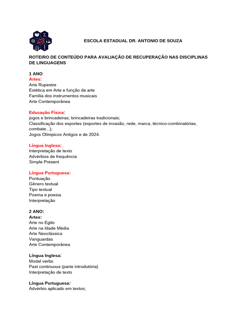 Roteiro de Conteúdos | PDF