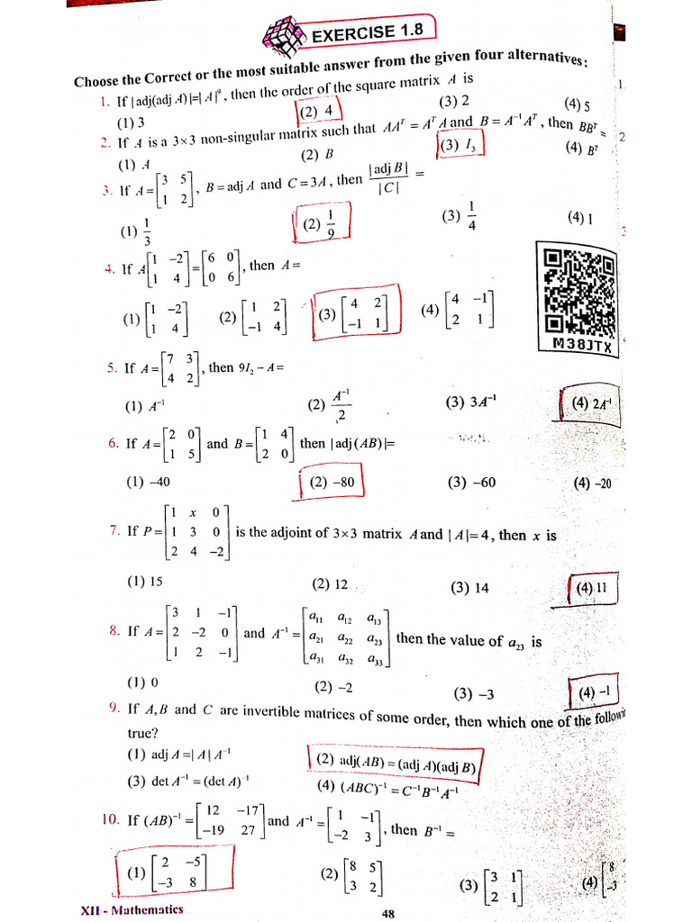 12th Mat 1 Mark Answer | PDF