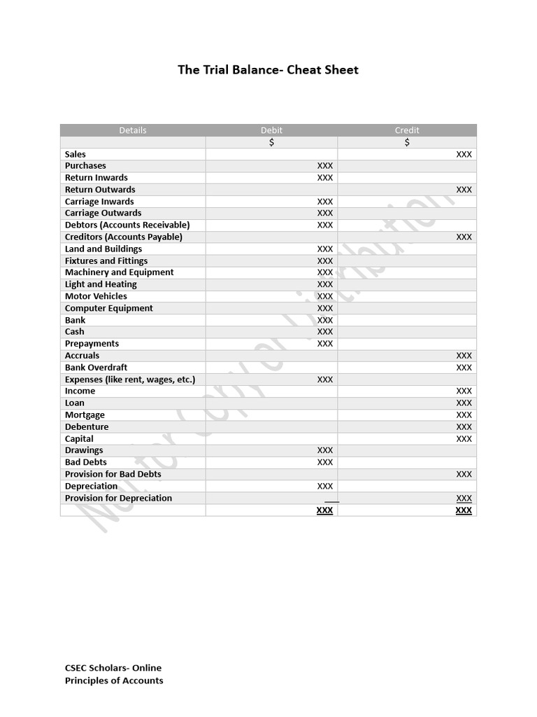 Trial Balance Cheat Sheet for Accounts | PDF