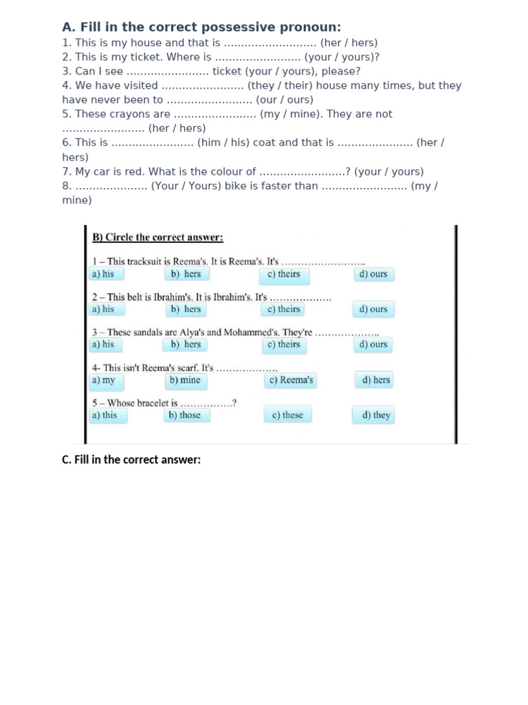 A. Fill in The Correct Possessive Pronoun | PDF