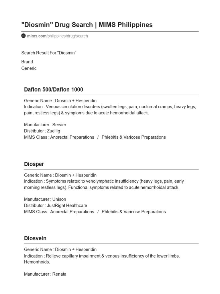 Diosmin and Hesperidin Brand Names | PDF | Varicose Veins | Hemorrhoid