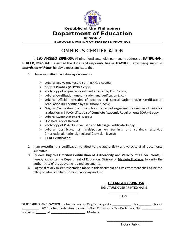 Omnibus Certification ERF | PDF | Document | Legal Documents