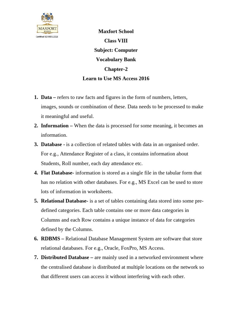 Maxfort School Class VIII Subject: Computer Vocabulary Bank Chapter-2 Learn To Use MS Access ...