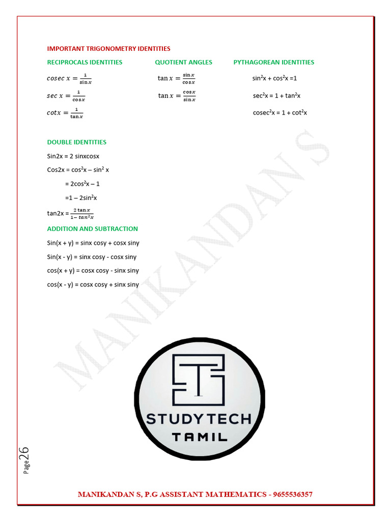 12th Maths Formula Book Prepared by Mr S Manikandan-27 | PDF