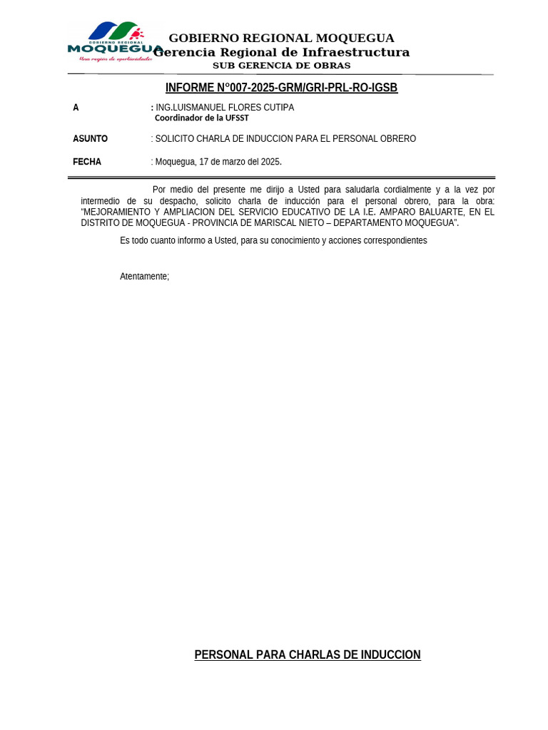 INFORME Charla de Induccion | PDF