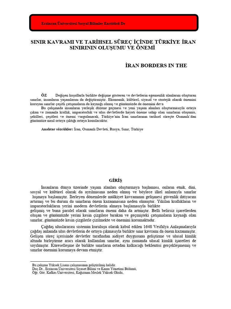 Sinir Kavrami Ve Tar - Hsel S - Re - Nde T - RK - Ye - Ran Sinirinin Olu - Umu Ve - Nem ...