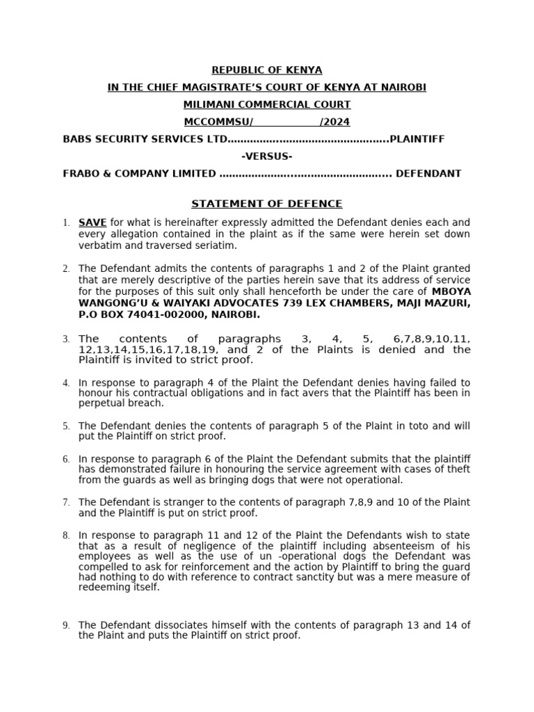 Draft Defence Babs Security - (14 January 2024) | PDF | Civil Law ...