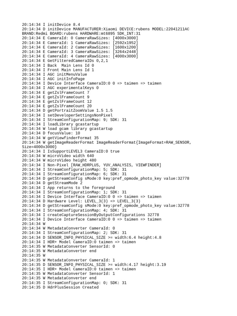 Xiaomi Redmi Camera Configuration Logs | PDF | Computing