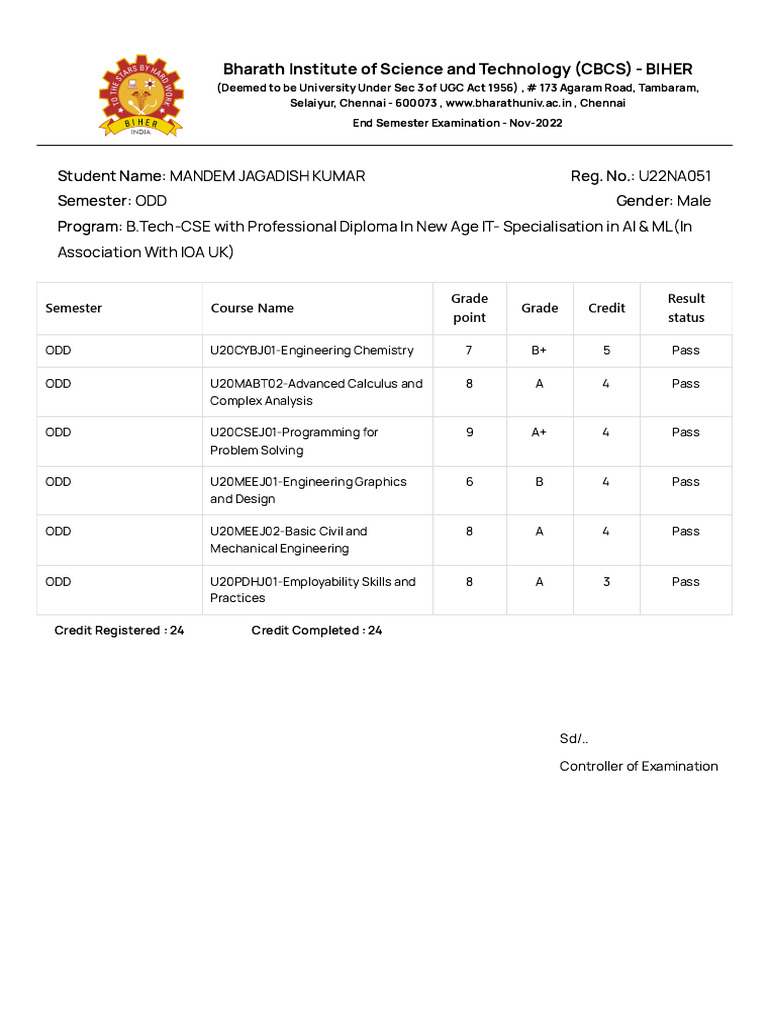 Bharath Institute of Science and Technology CBCS - BIHER | PDF
