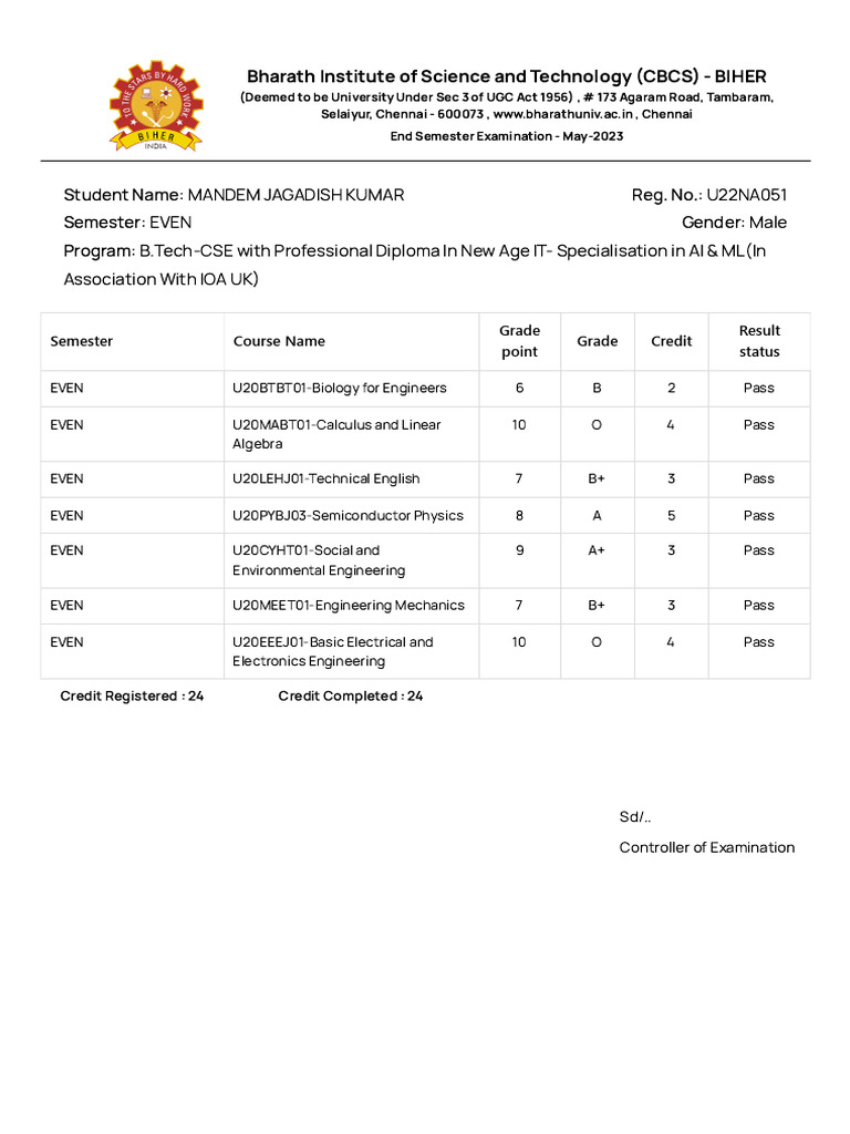 Bharath Institute of Science and Technology CBCS - BIHER | PDF