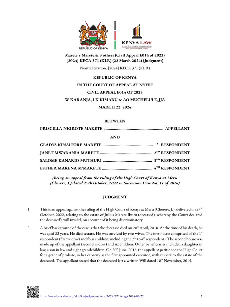 Marete V Marete 3 Others (Civil Appeal E014of2023) 2024KECA371 (KLR ...