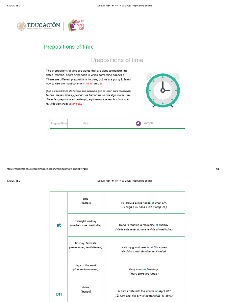 Módulo 7 Prepositions of Time | PDF