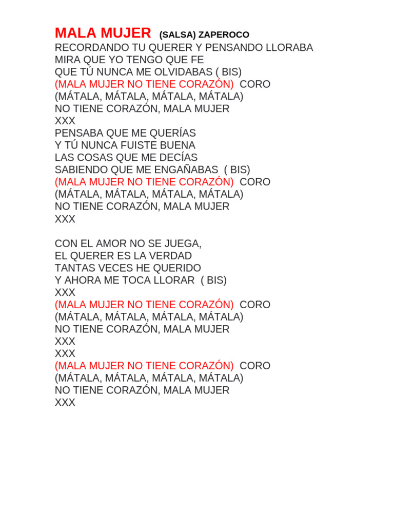 Letra de "Mala Mujer" Salsa | PDF
