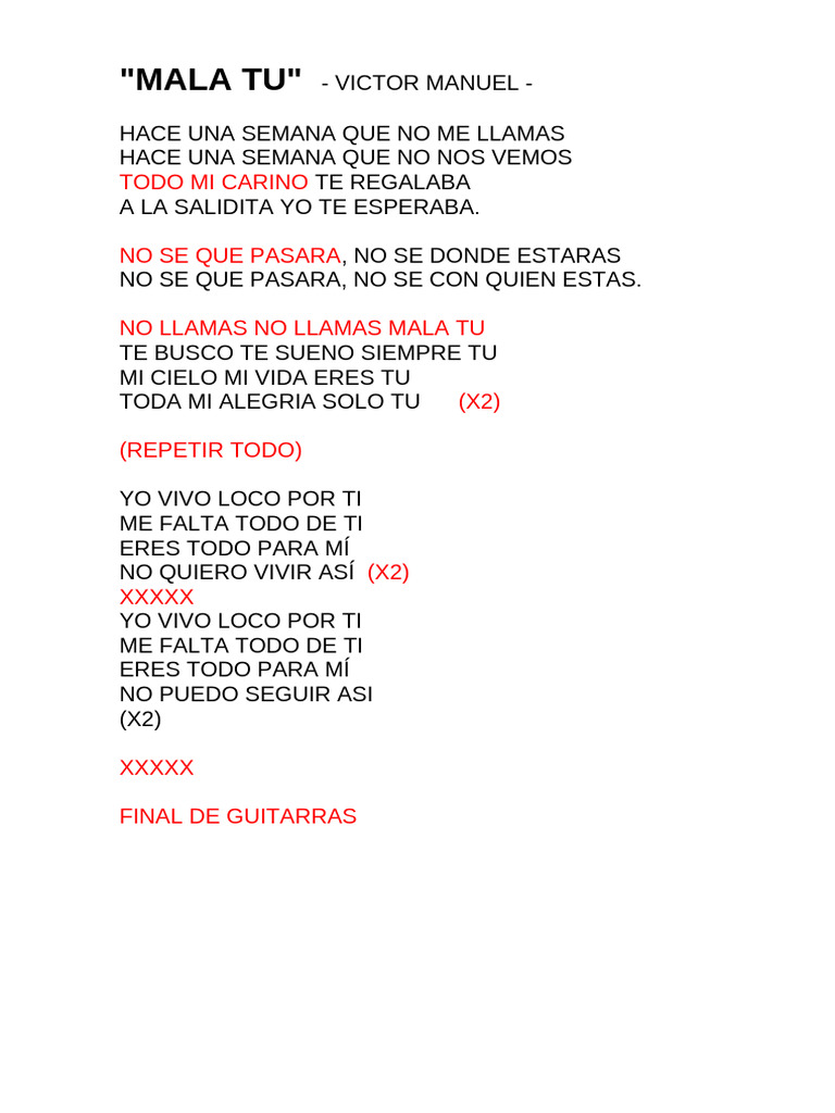 Letra de "Mala Tú" - Víctor Manuel | PDF