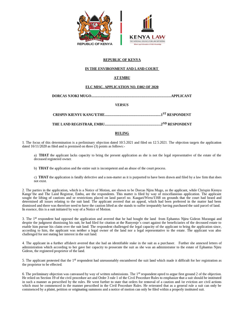 Dorcas Njoki Mugo vs. Crispin Kienyu Kange'the | PDF | Lawsuit | Public Law