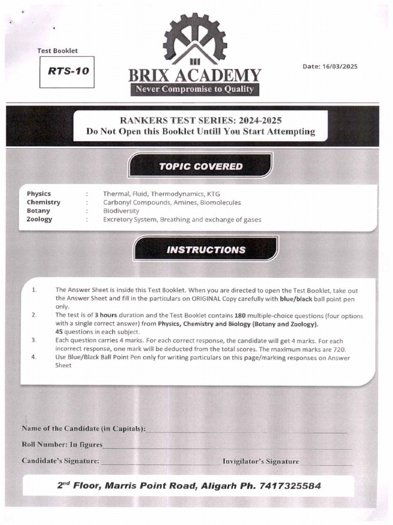 Physics Solution Rts-10 Phase-1 Date 16-03-2025 | PDF