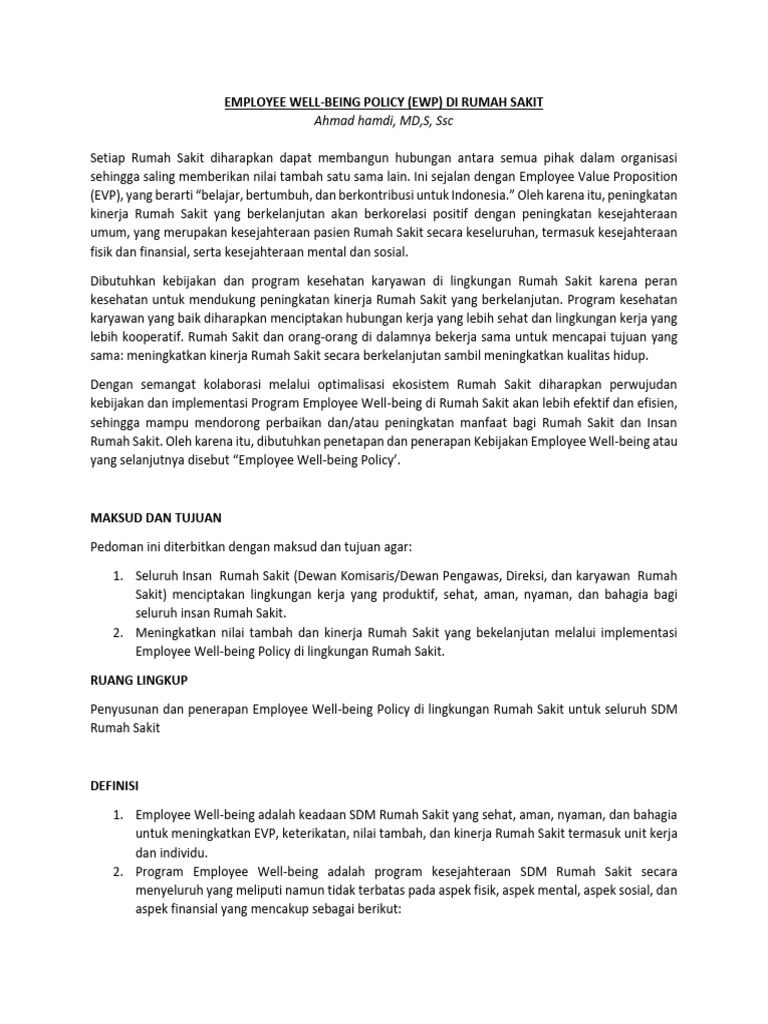 EMPLOYEE WELL-BEING POLICY (EWP) For Hospital | PDF