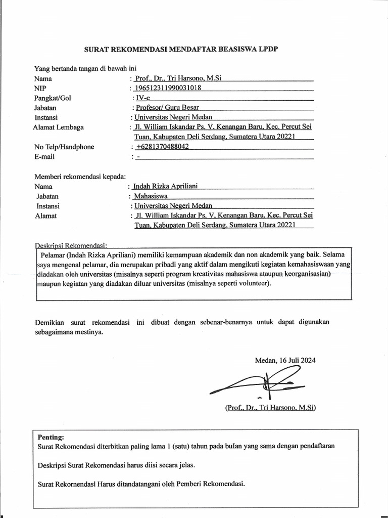 Surat Rekomendasi Dari Prof - Tri Harsono, Msi | PDF