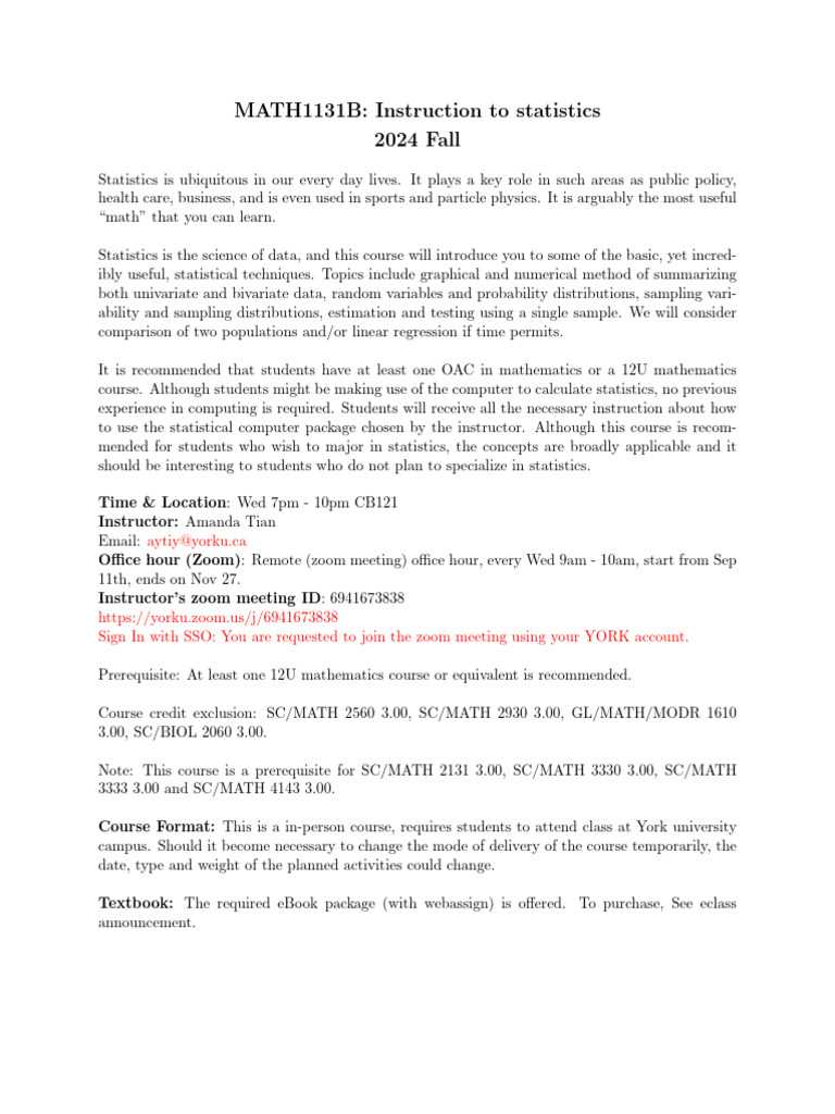 Math 1131 3.0 B F24 Amanda Tian Course Outline | PDF | Statistics ...