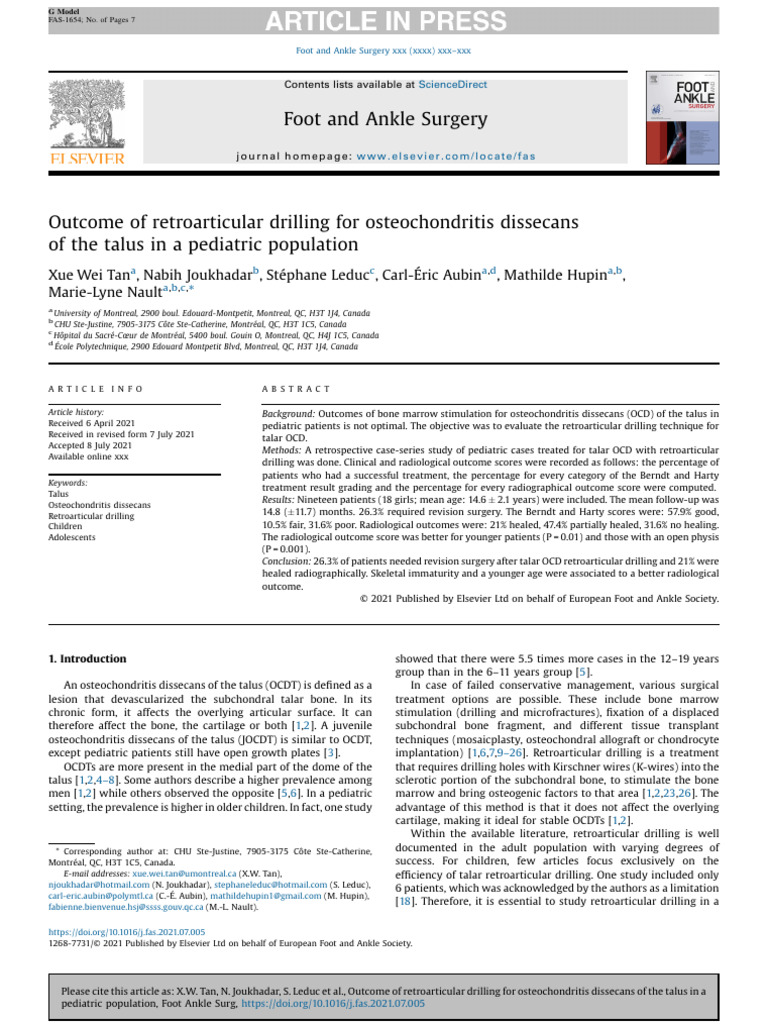 Outcome of Retroarticular Drilling For Ocd of Talus in A Pediatric ...