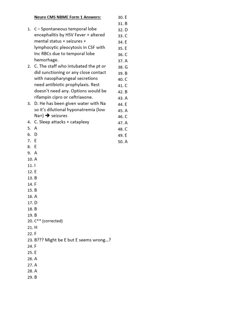 Neuro CMS NBME Form 1 Answers | PDF