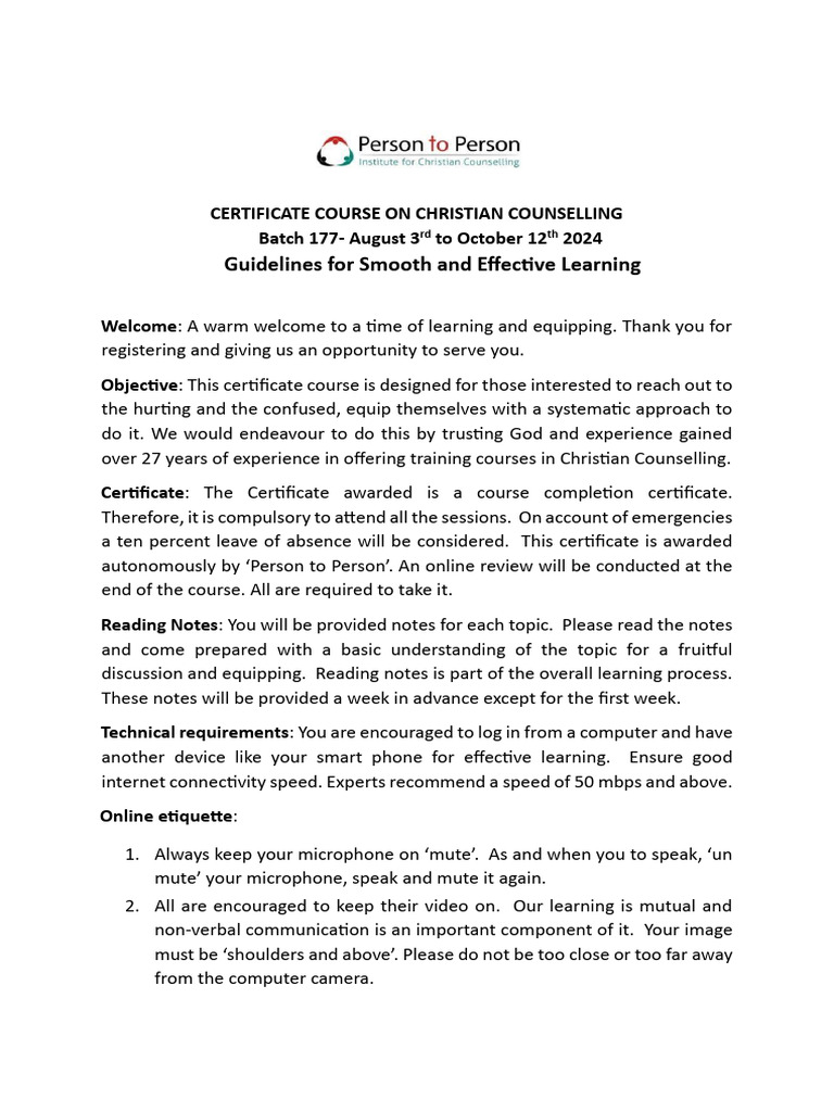 Guidellines PTP 4C Level1 Batch 177, Welcome Letter | PDF