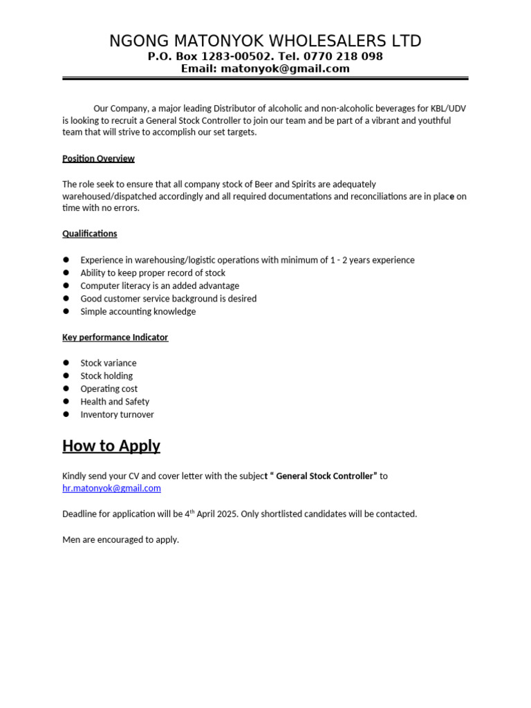 Stock Controller Position at Matonyok | PDF