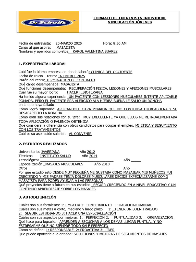 Entrevista a Karol Suarez: Masajista Aspirante | PDF